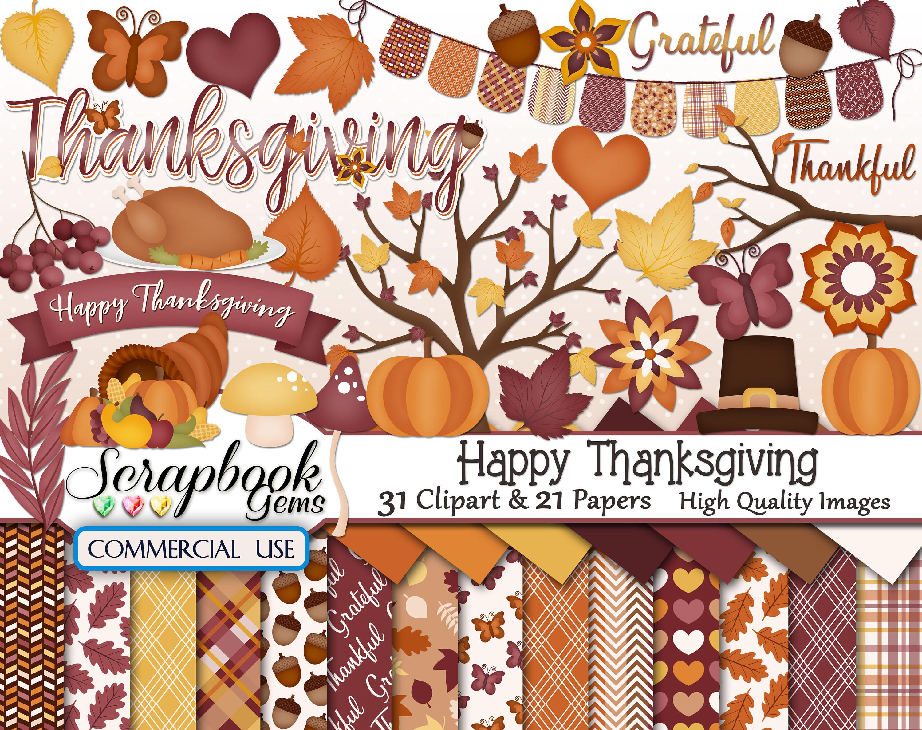 HAPPY THANKSGIVING Clipart & Papers Kit 31 Png Clipart Files - Etsy