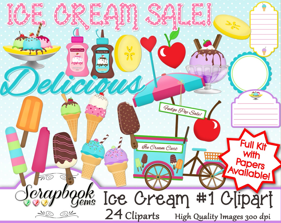 ICE CREAM 1 Clipart & Papers Kit 24 Png Clip Arts 21 Jpeg - Etsy