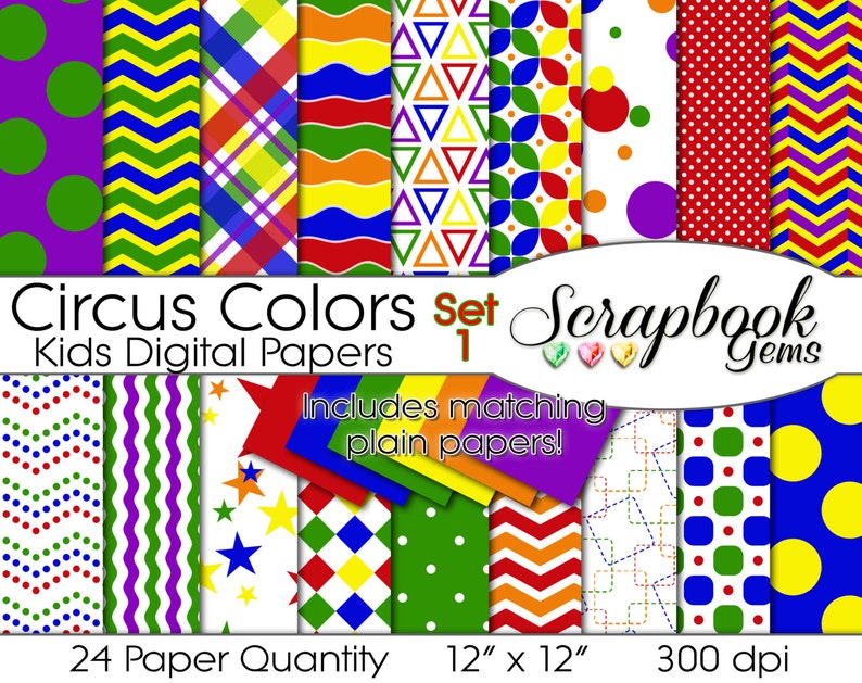 Circus Colors Digital Papers SET 1 24 Pieces 12 X - Etsy