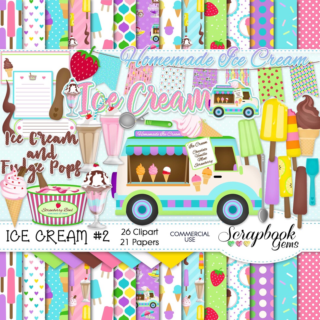 ICE CREAM #2 Clipart & Papers Kit, 26 Png Clip Arts, 21 Jpeg Papers ...