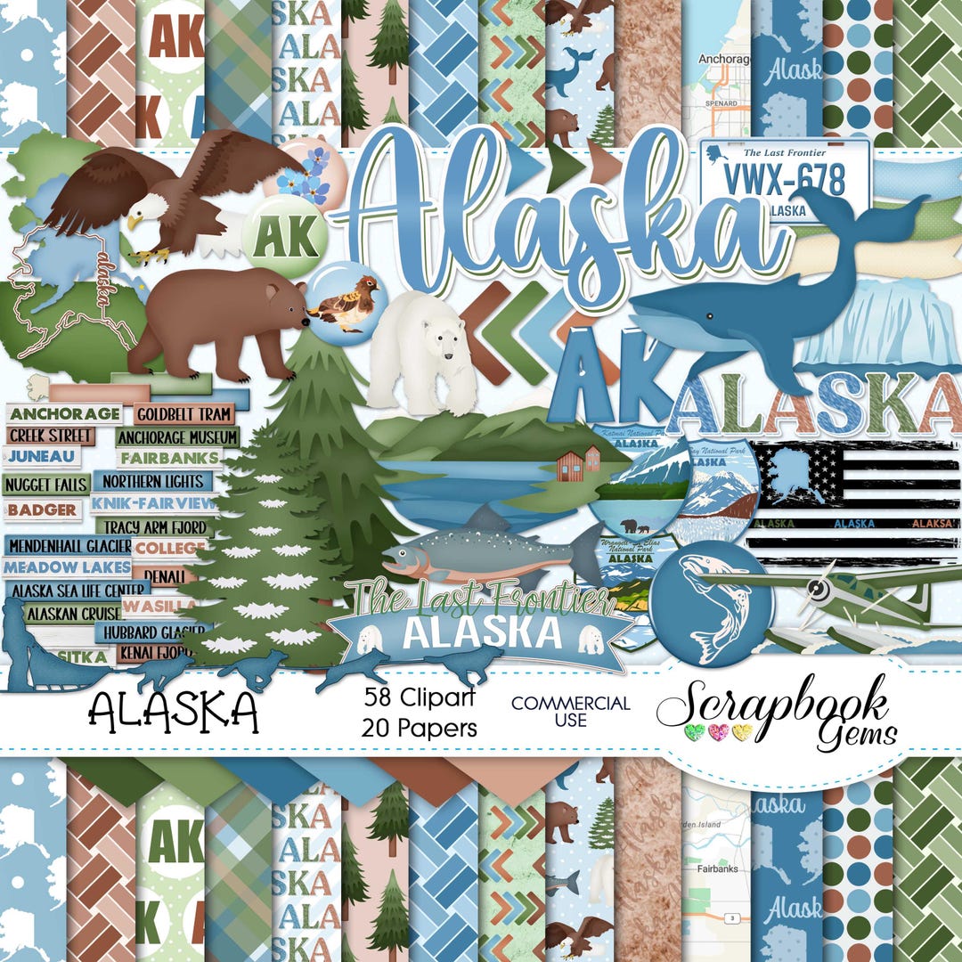 ALASKA Clipart and Papers Kit, 58 Png Clip Arts, 20 Jpeg Papers Instant ...