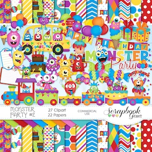 MONSTER PARTY Kit #2 Clipart and Papers Kit, 27 Png Clip Arts, 22 Jpeg ...