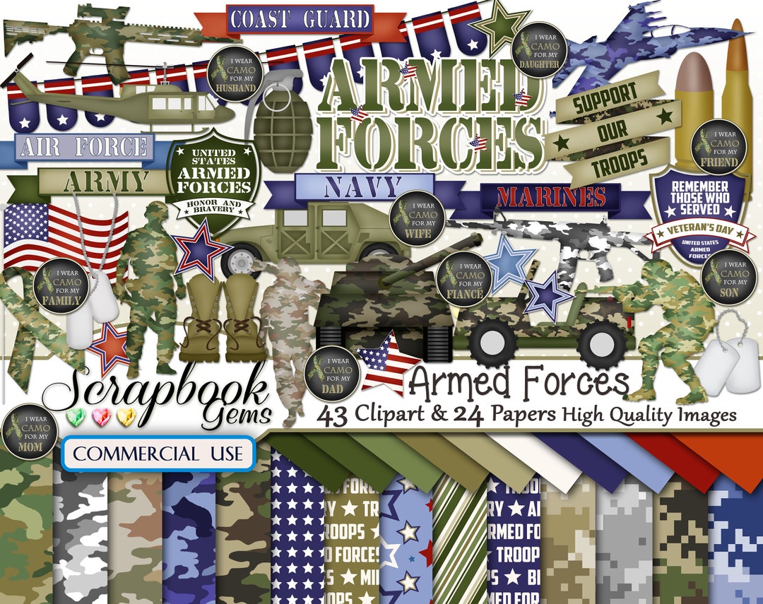 ARMED FORCES Clipart & Papers Kit, 43 Png Clipart Files, 24 Jpeg Paper ...