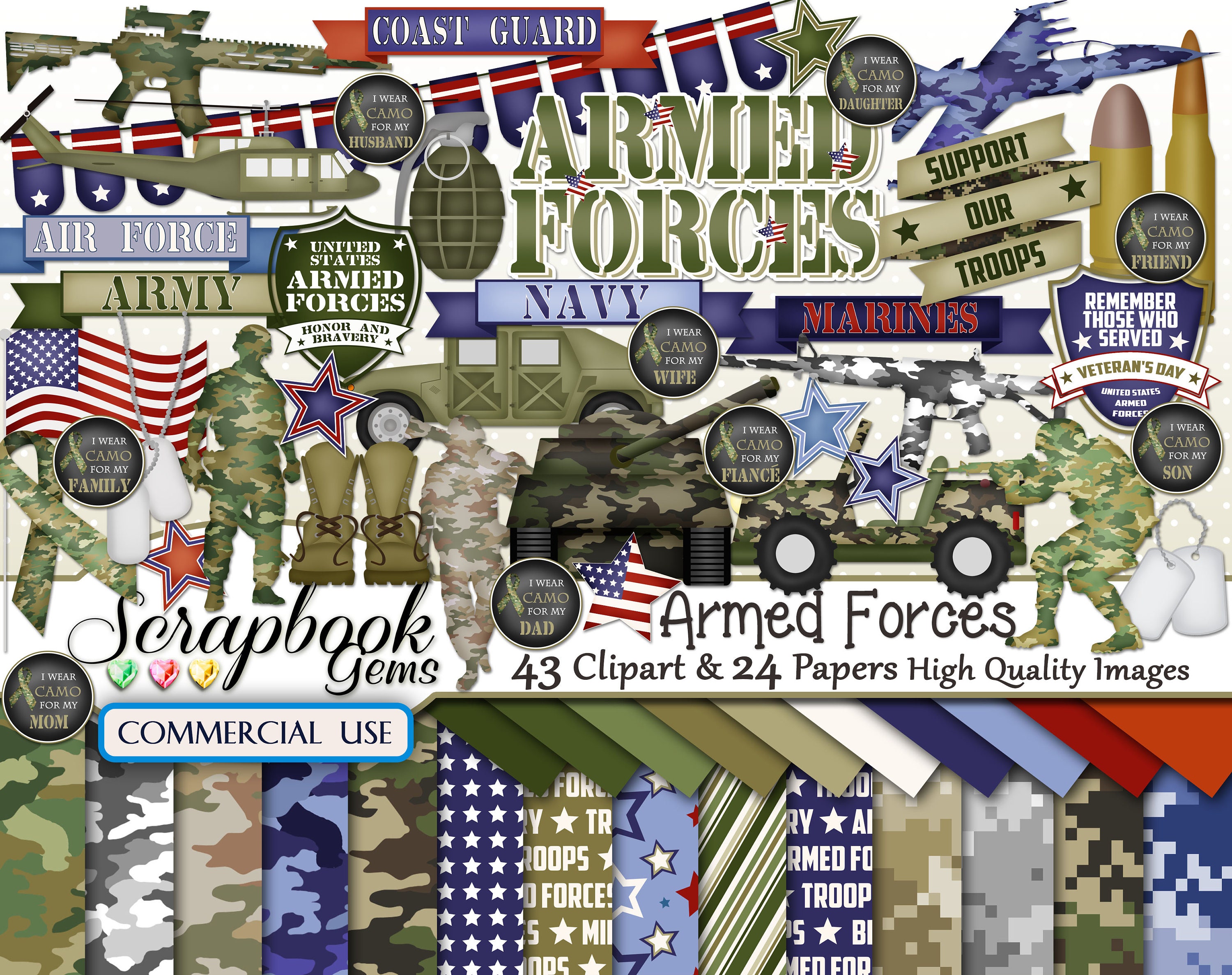 ARMED FORCES Clipart & Papers Kit 43 Png Clipart Files 24 - Etsy