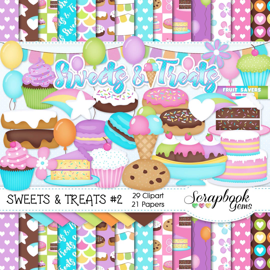 SWEETS & TREATS #2 Clipart and Papers Kit, 29 Png Clipart Files, 21 ...