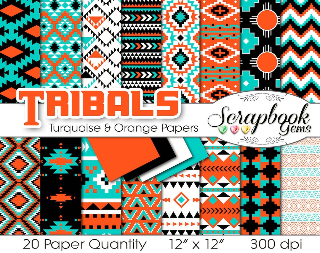 Aztec Turquoise & Orange Digital Papers, 20 Pieces, 12" X 12", High ...