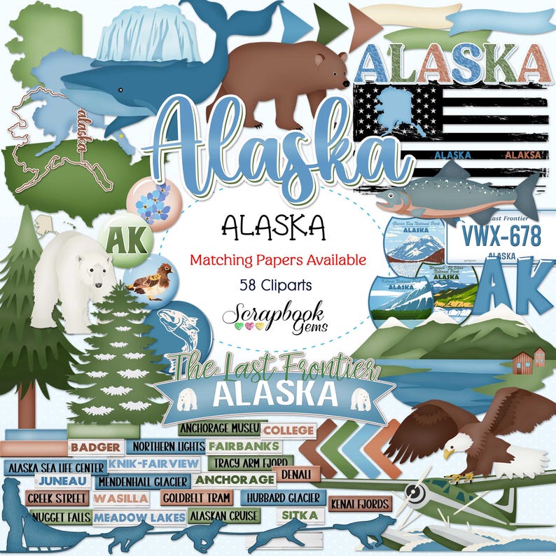 ALASKA Clipart and Papers Kit, 58 Png Clip Arts, 20 Jpeg Papers Instant ...