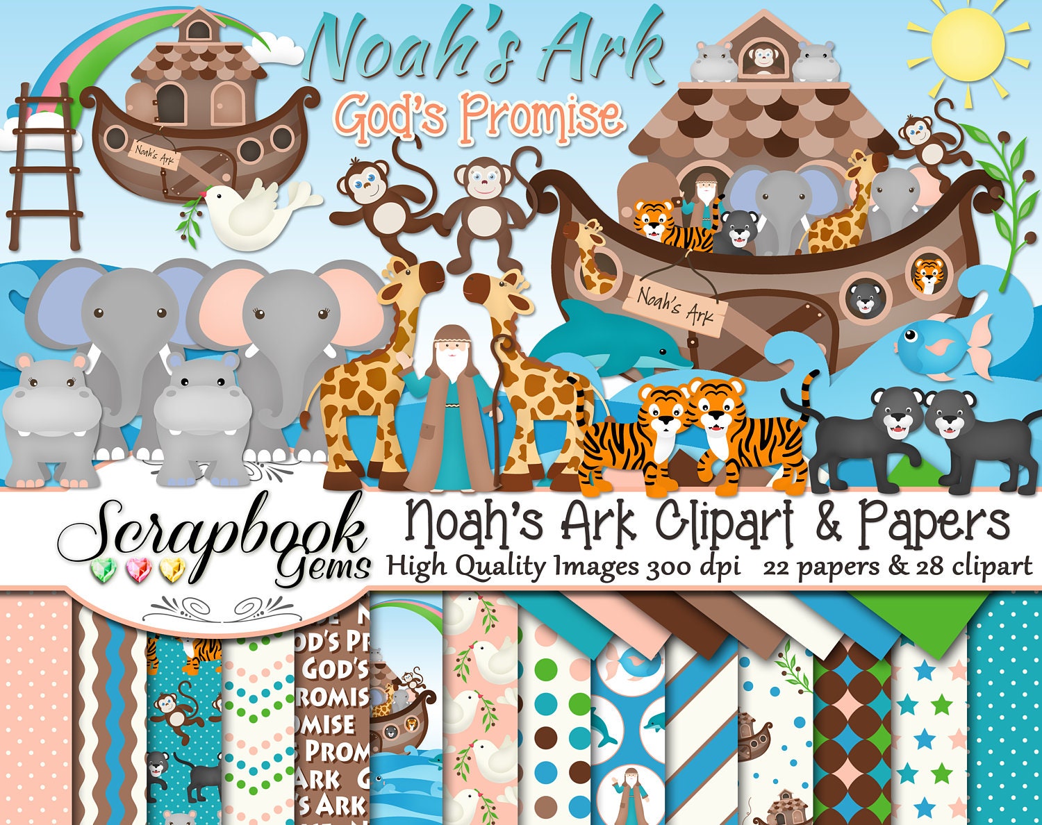 NOAH'S ARK Clipart & Papers Kit 28 png Clipart files 22 | Etsy