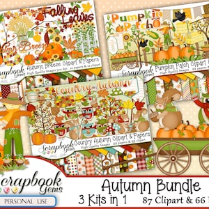 AUTUMN BUNDLE - 3 Kits in 1, 87 Cliparts & 66 Papers, Instant Download ...