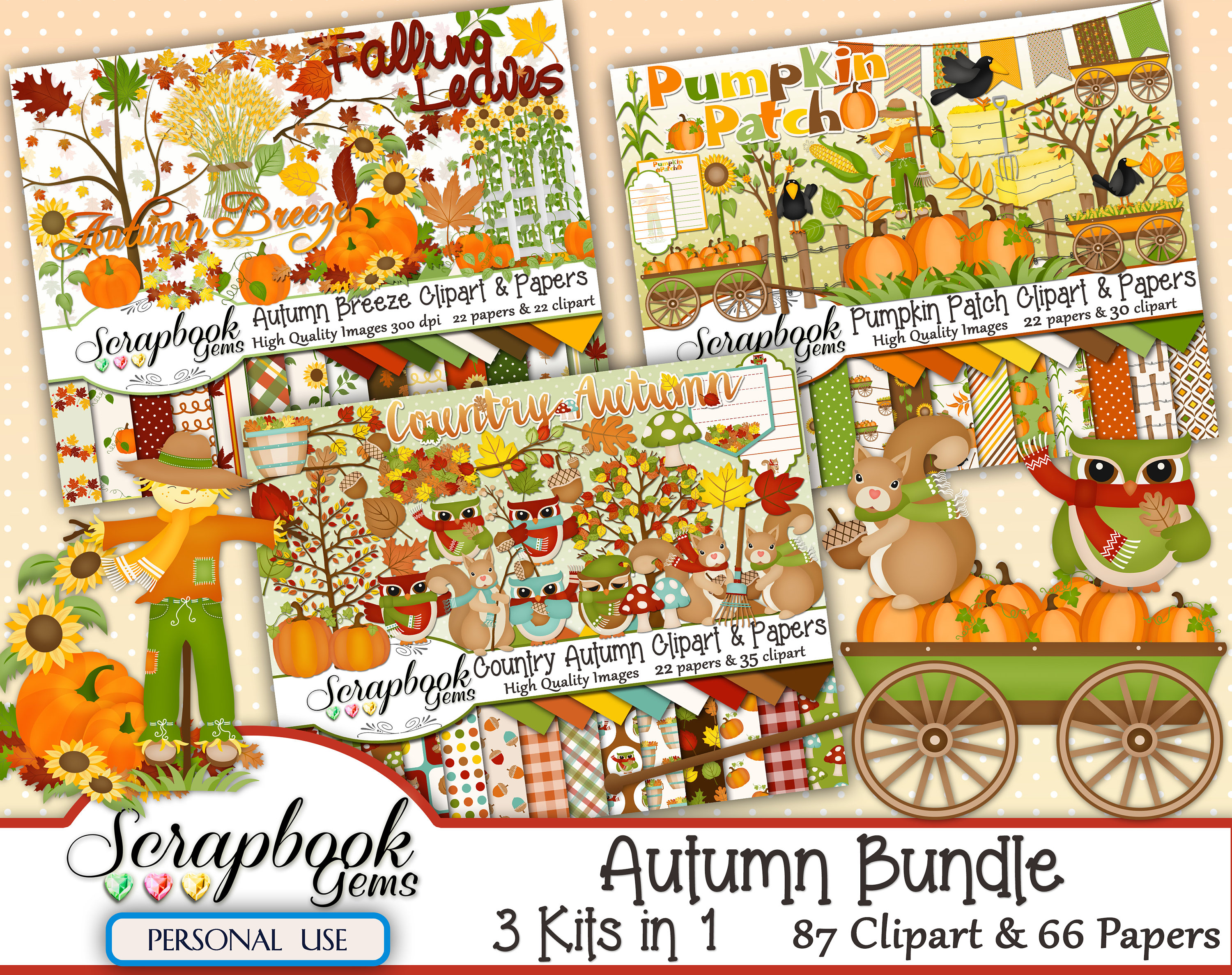 AUTUMN BUNDLE - 3 Kits in 1, 87 Cliparts & 66 Papers, Instant Download ...