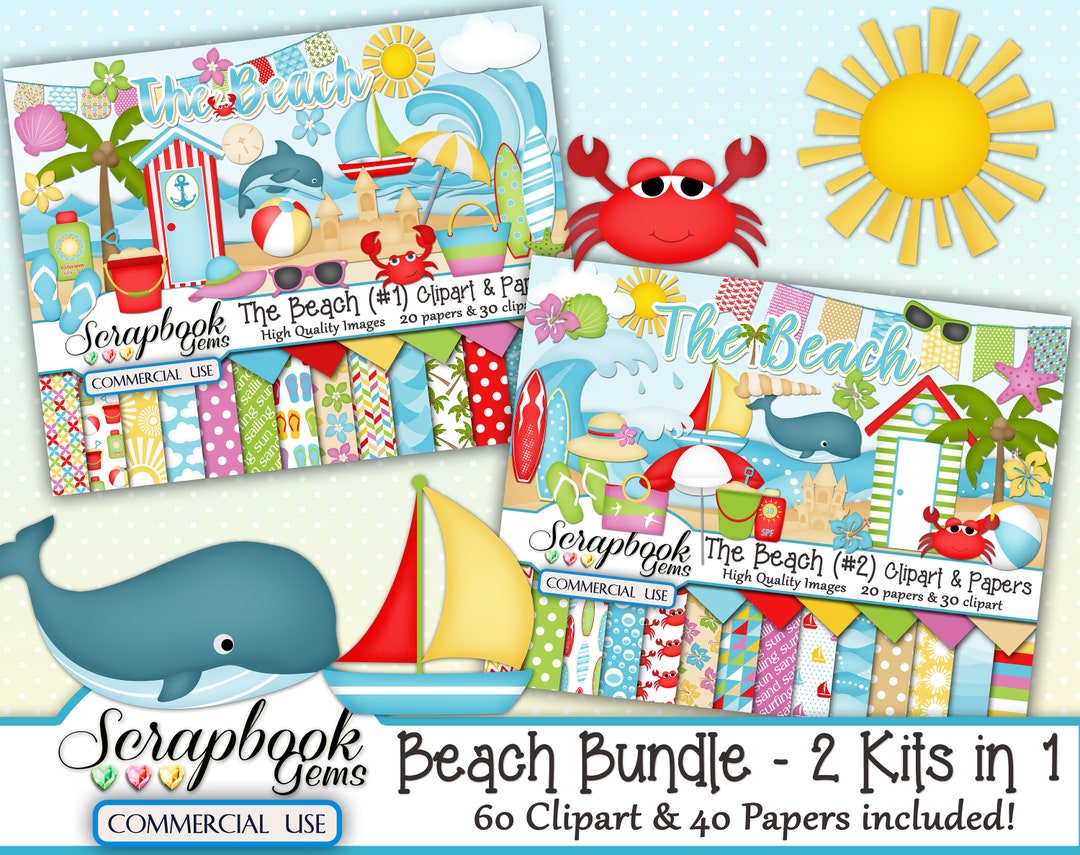 BEACH BUNDLE - 2 Kits in 1, 60 Cliparts & 40 Papers, Instant Download ...