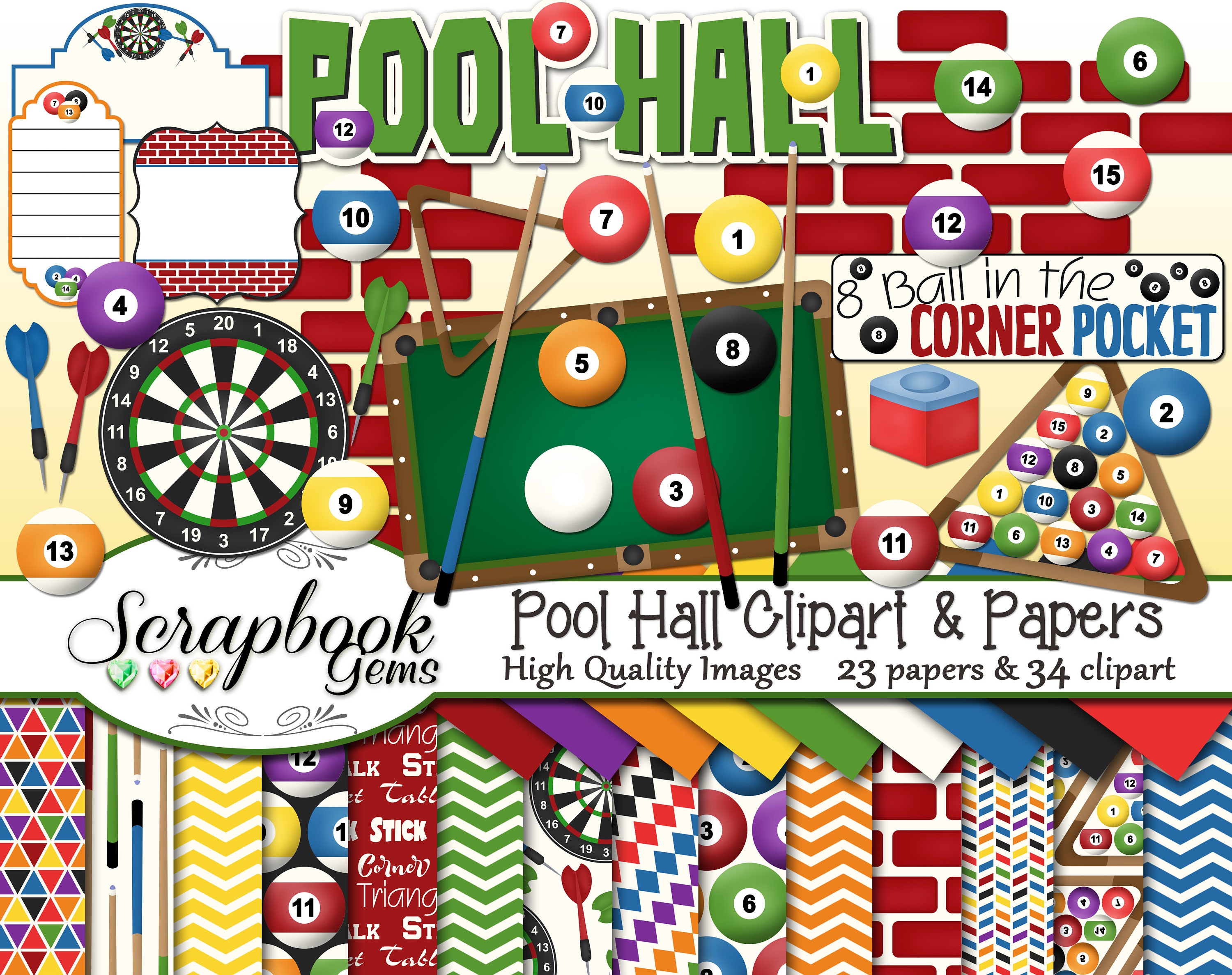 POOL HALL Clipart and Papers Kit 34 png Clip arts 23 jpeg | Etsy