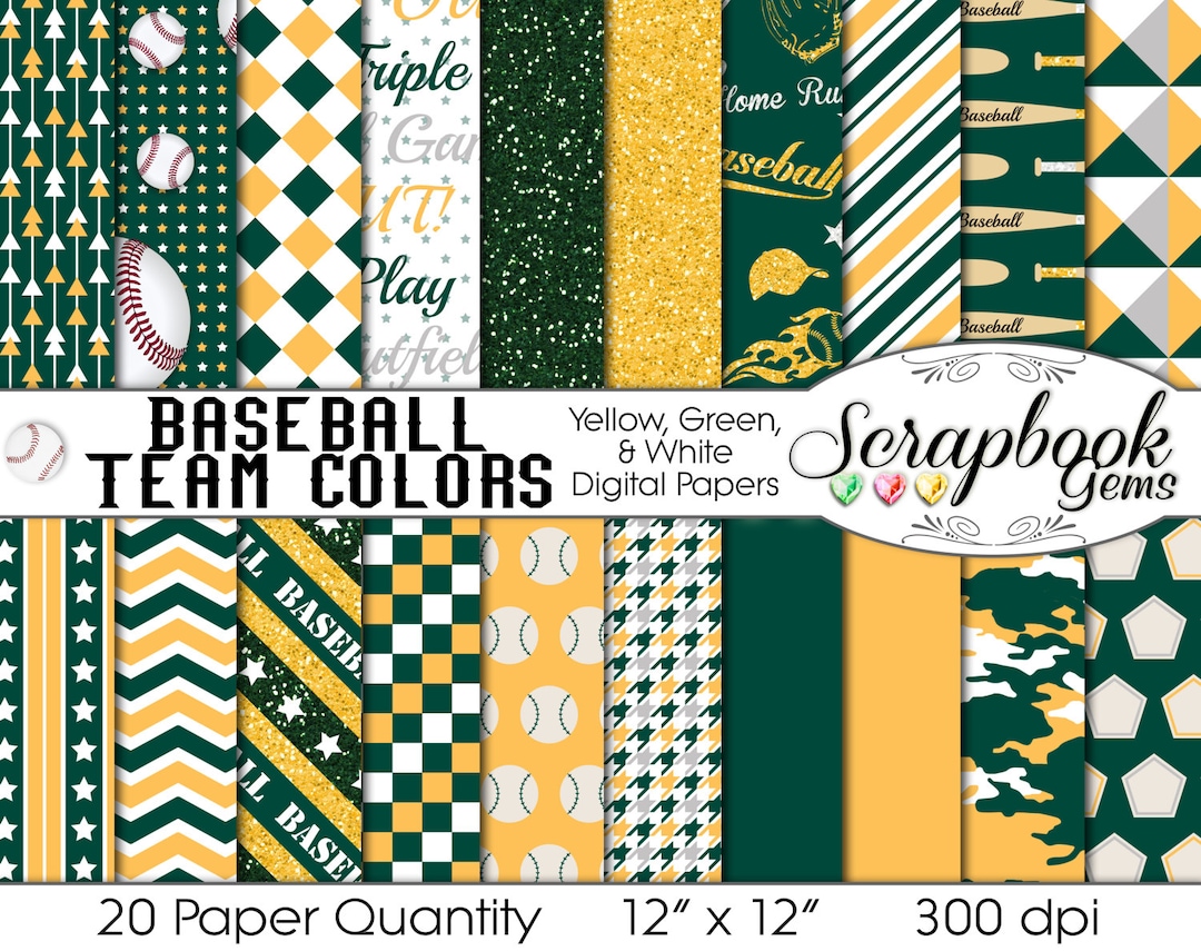 Baseball Digital Papers Yellow, Green, & White, 20 Pieces, 12" X 12 ...
