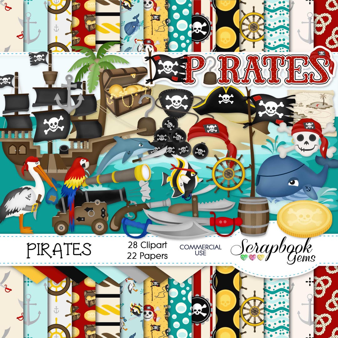 PIRATES Clipart & Papers Kit, 28 Png Clip Arts, 22 Jpeg Papers Instant ...
