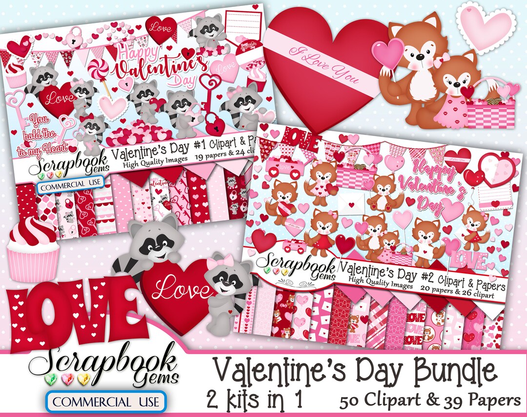 VALENTINE'S DAY BUNDLE - 2 Kits in 1, 50 Cliparts & 39 Papers, Instant ...
