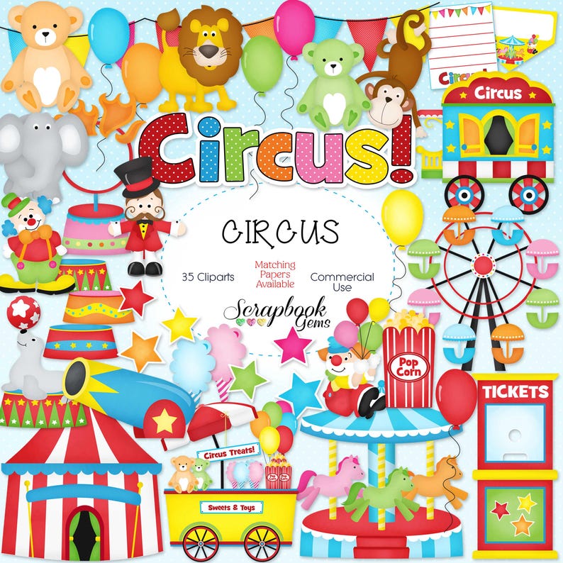 CIRCUS Clipart and Papers Kit, 35 Png Clip Arts, 24 Jpeg Papers Instant ...