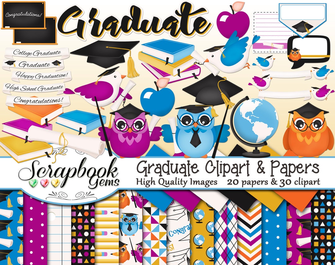 GRADUATE Clipart and Papers Kit, 30 Png Clip Arts, 20 Jpeg Papers ...
