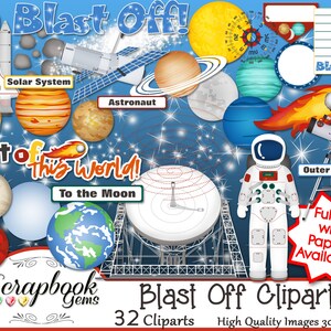 BLAST OFF Clipart and Papers Kit, 32 Png Clip Arts, 24 Jpeg Papers ...