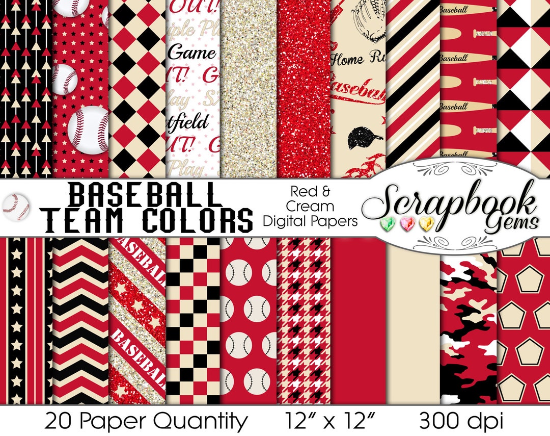 Baseball Digital Papers Red & Ivory Cream, 20 Pieces, 12" X 12", High ...