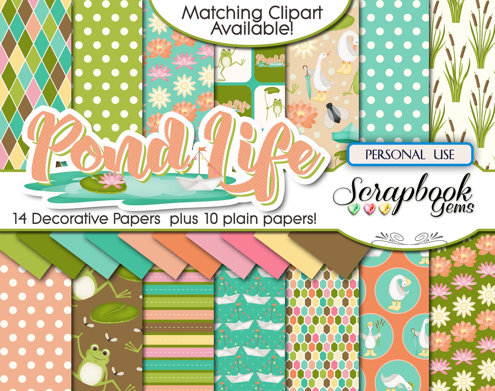 POND LIFE Clipart & Papers Kit 29 png Clipart files 24 jpeg | Etsy