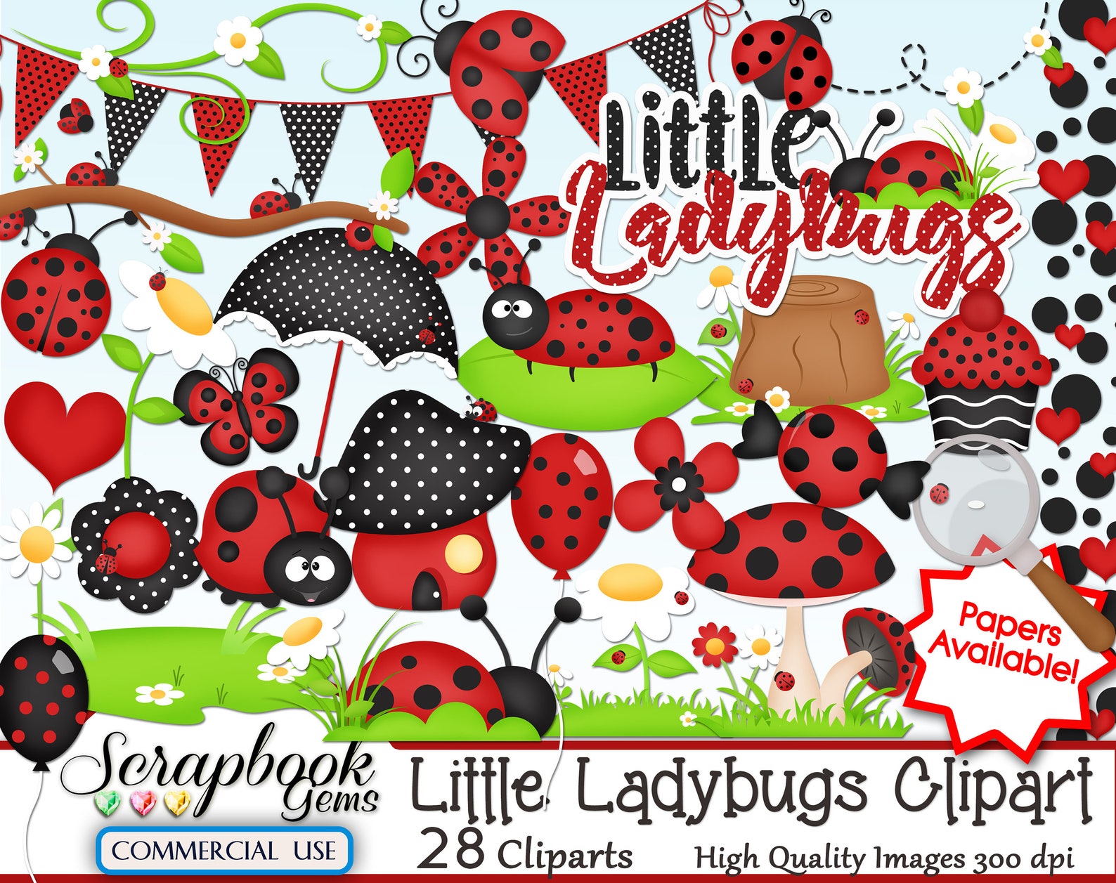 LITTLE LADYBUGS Clipart and Papers Kit 28 Png Clipart Files - Etsy