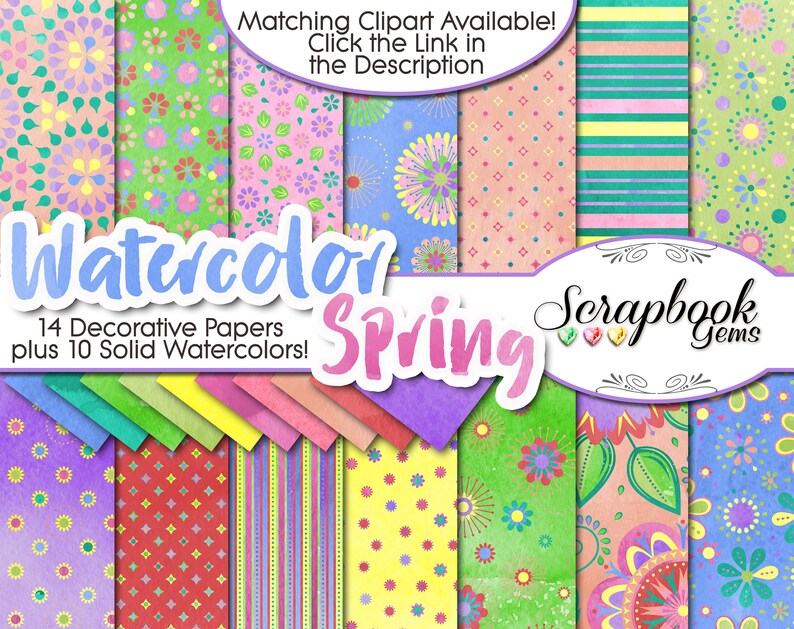 WATERCOLOR SPRING Clipart & Papers Kit 26 Png Clip Arts 24 - Etsy