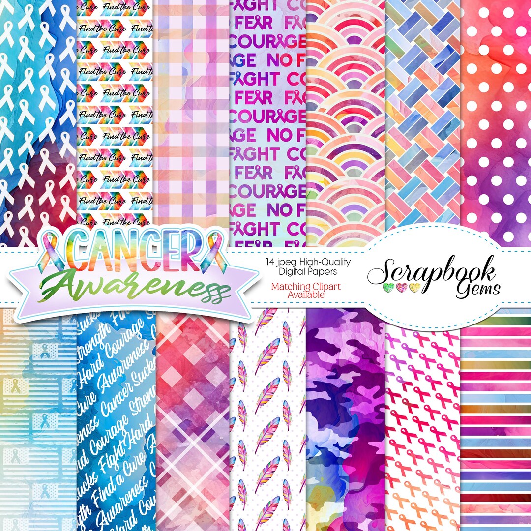 CANCER Awareness Digital Paper, 14 Pieces, 12" X 12", High Quality JPEG ...