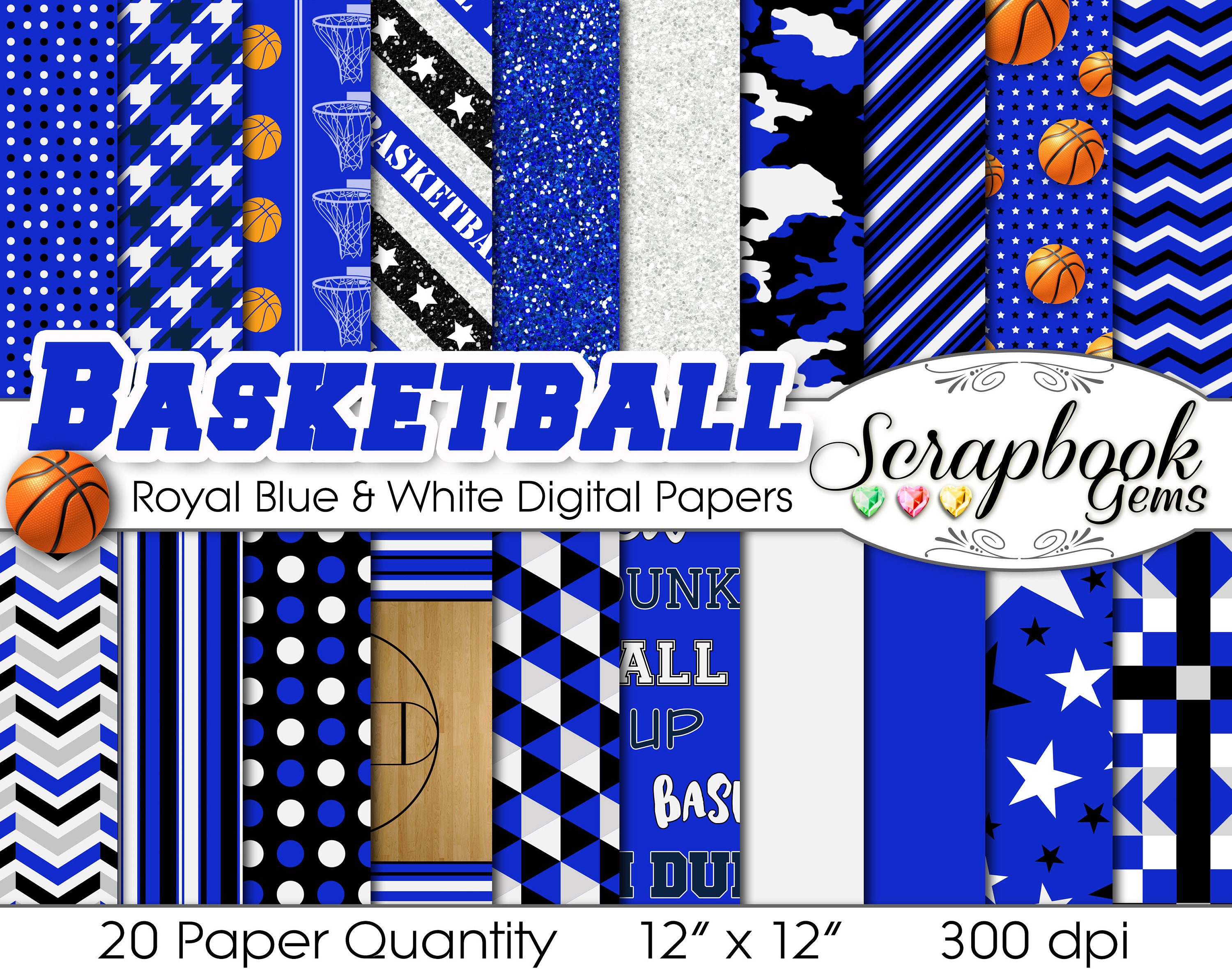 Basketball Digital Papers Royal Blue & White, 20 Pieces, 12" X 12 ...