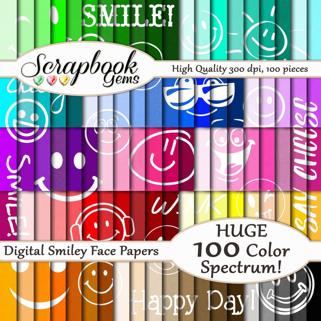 100 Colors Smiley Face Papers, 100 Pieces, 12" X 12", 300 Dpi High ...