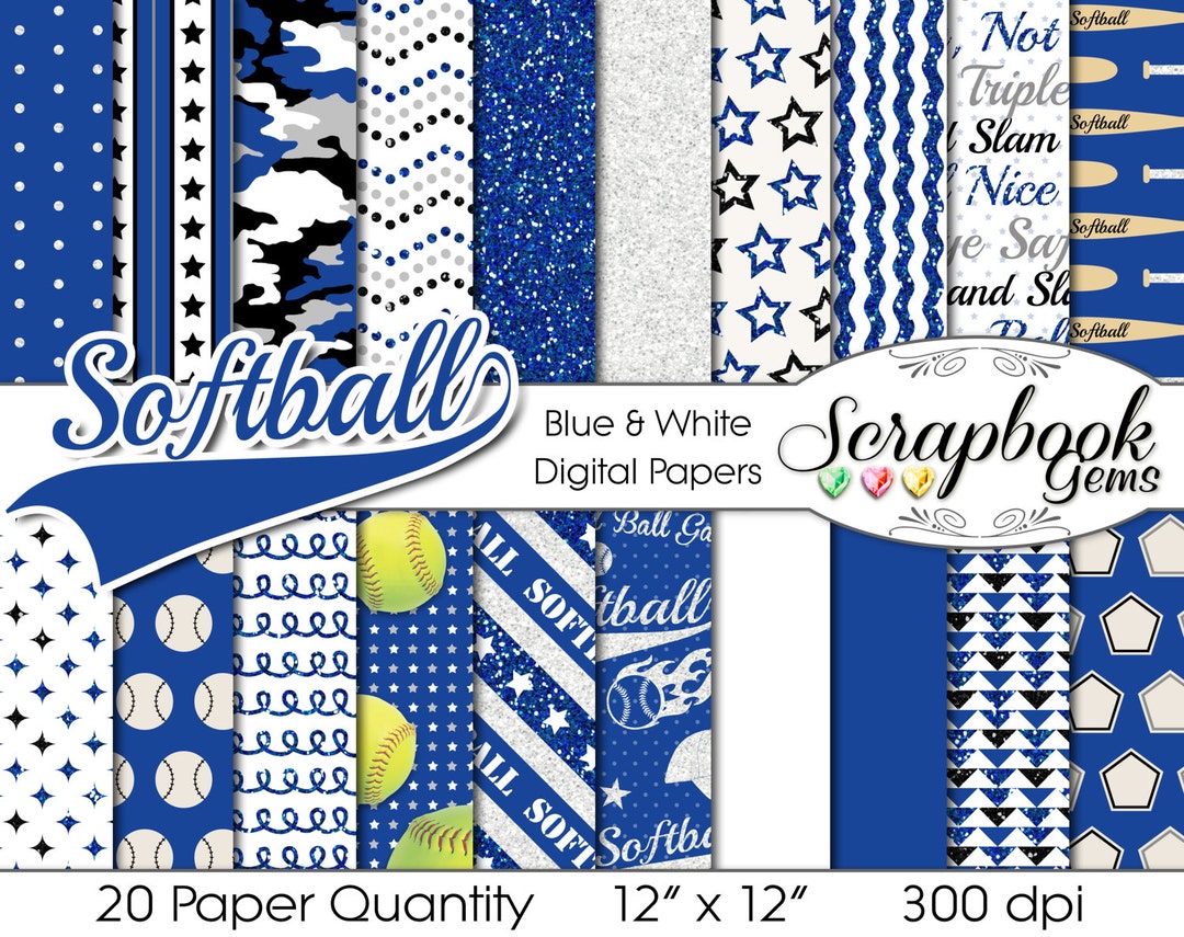SOFTBALL Digital Papers Royal Blue & White, 20 Pieces, 12 X 12, High ...