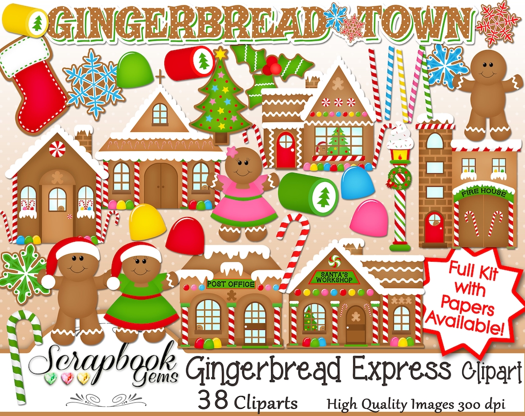 GINGERBREAD TOWN Clipart, 34 Png Clipart Files Instant Download Winter ...