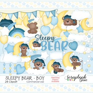 SLEEPY BEAR - BOY Clipart & Papers Kit, 28 Png Clipart Files, 20 Jpeg ...