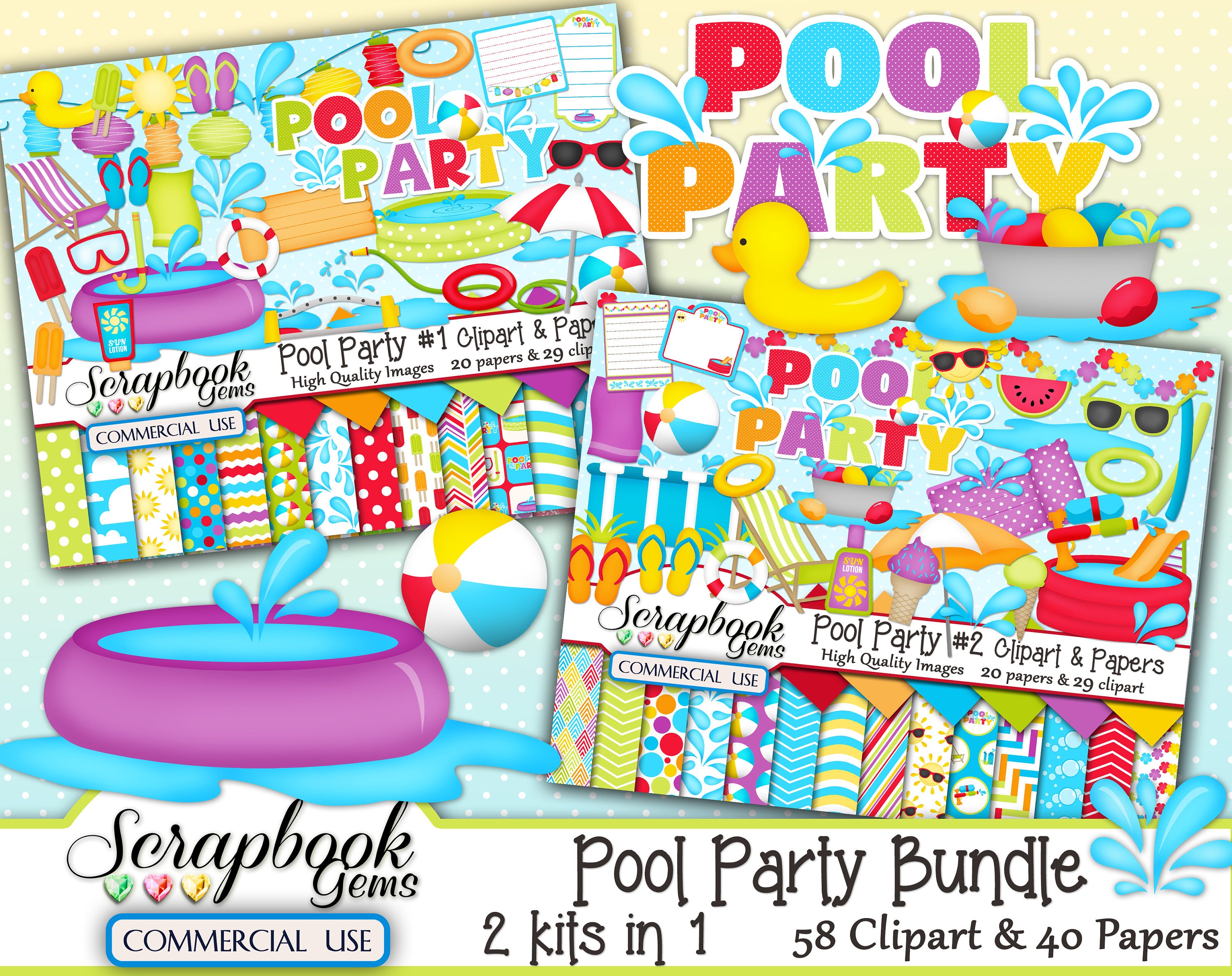 POOL PARTY BUNDLE - 2 Kits in 1, 58 Cliparts & 40 Papers, Instant ...