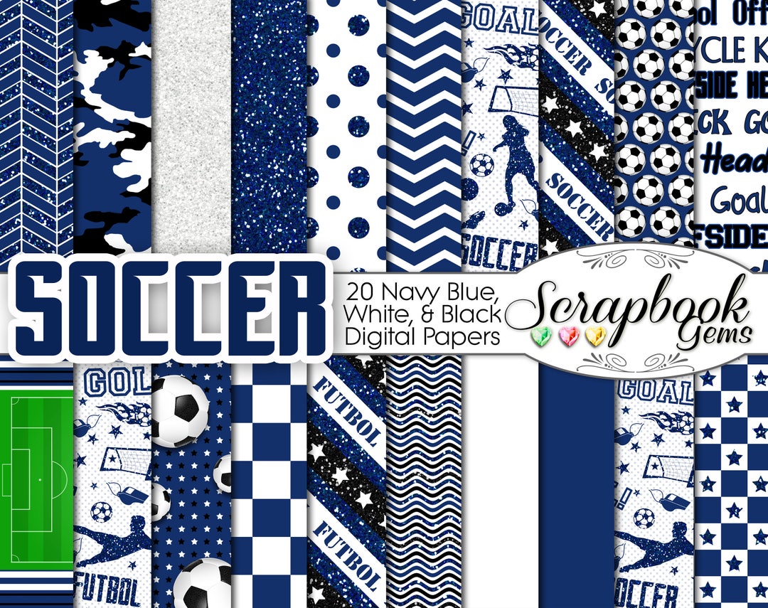 SOCCER Futbol Digital Papers Navy Blue & White 20 Pieces, 12" X 12 ...