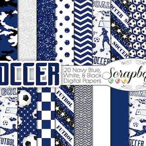 SOCCER Futbol Digital Papers Navy Blue & White 20 Pieces, 12" X 12 ...