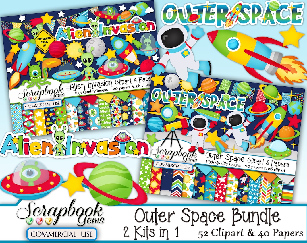 OUTER SPACE BUNDLE - 2 Kits in 1, 52 Cliparts & 40 Papers, Instant ...