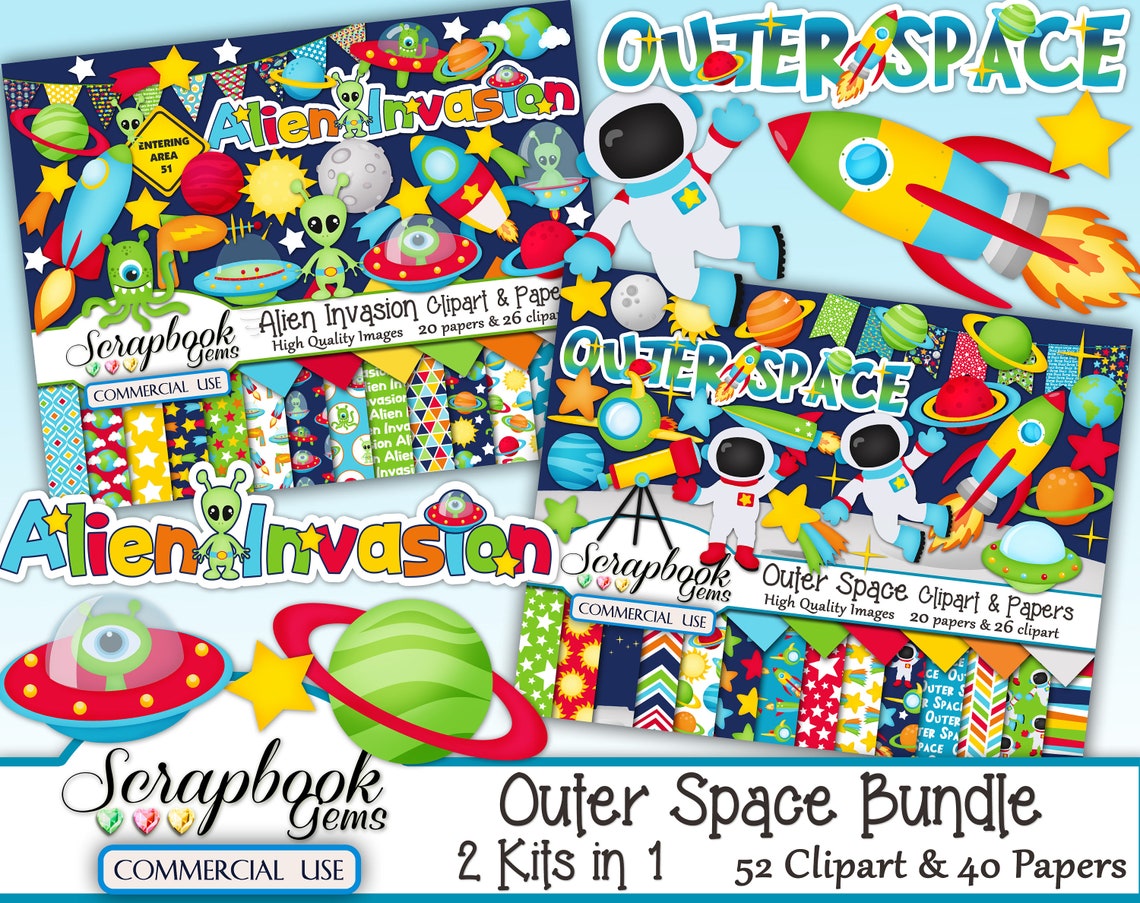 OUTER SPACE BUNDLE - 2 Kits in 1, 52 Cliparts & 40 Papers, Instant ...