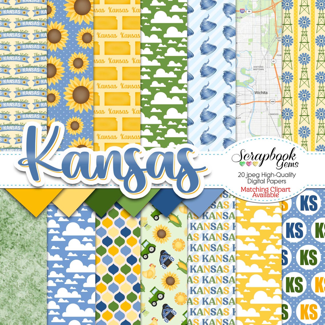 KANSAS Clipart and Papers Kit, 59 Png Clip Arts, 20 Jpeg Papers Instant ...