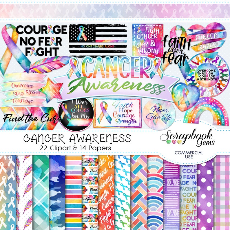 CANCER Awareness Clipart & Papers Kit, 22 Png Clipart Files, 14 Jpeg ...