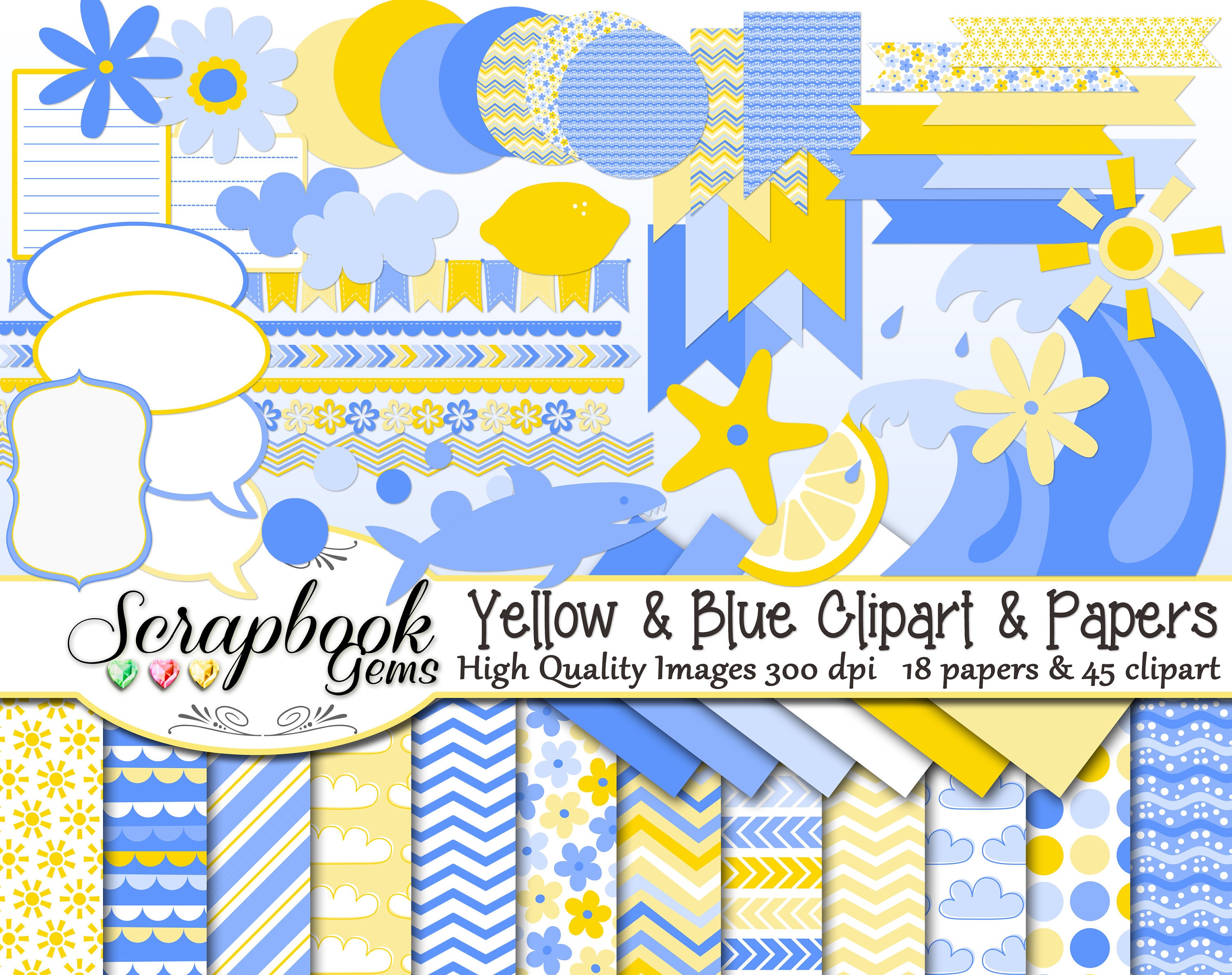 Yellow & Blue Clipart and Papers Kit 45 png Clip arts 18 | Etsy