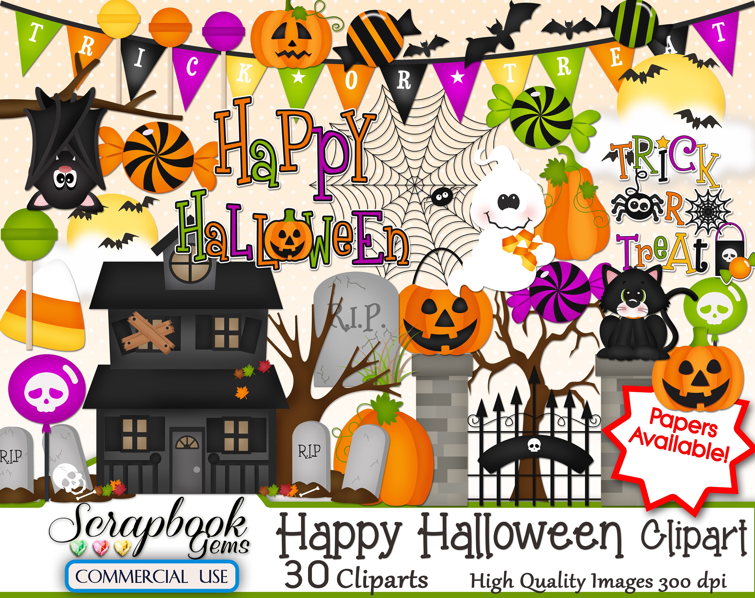 HAPPY HALLOWEEN Clipart & Papers Kit 30 Png Clipart Files 20 - Etsy
