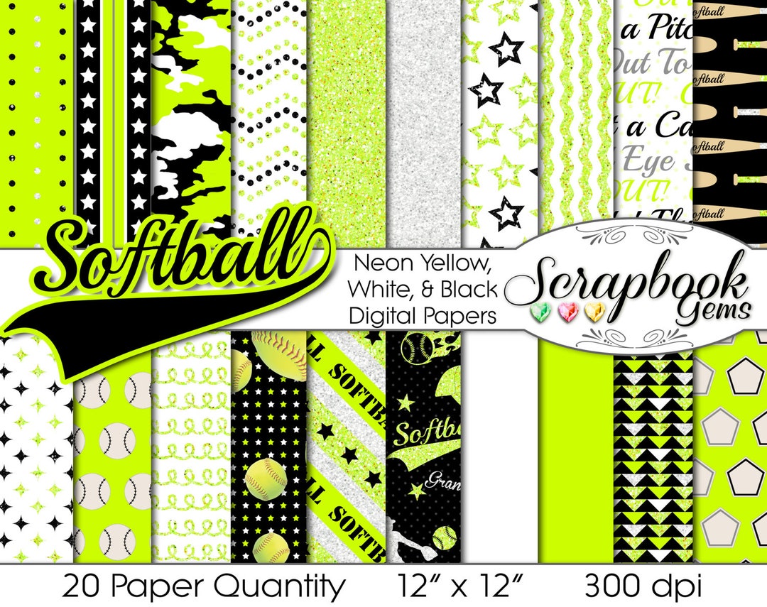 SOFTBALL Digital Papers Neon Yellow & White, 20 Pieces, 12 X 12, High ...