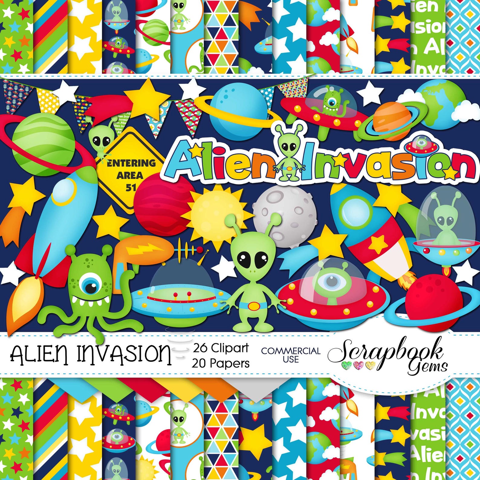 ALIEN INVASION Clipart & Papers Kit, 26 Png Clipart Files, 20 Jpeg ...