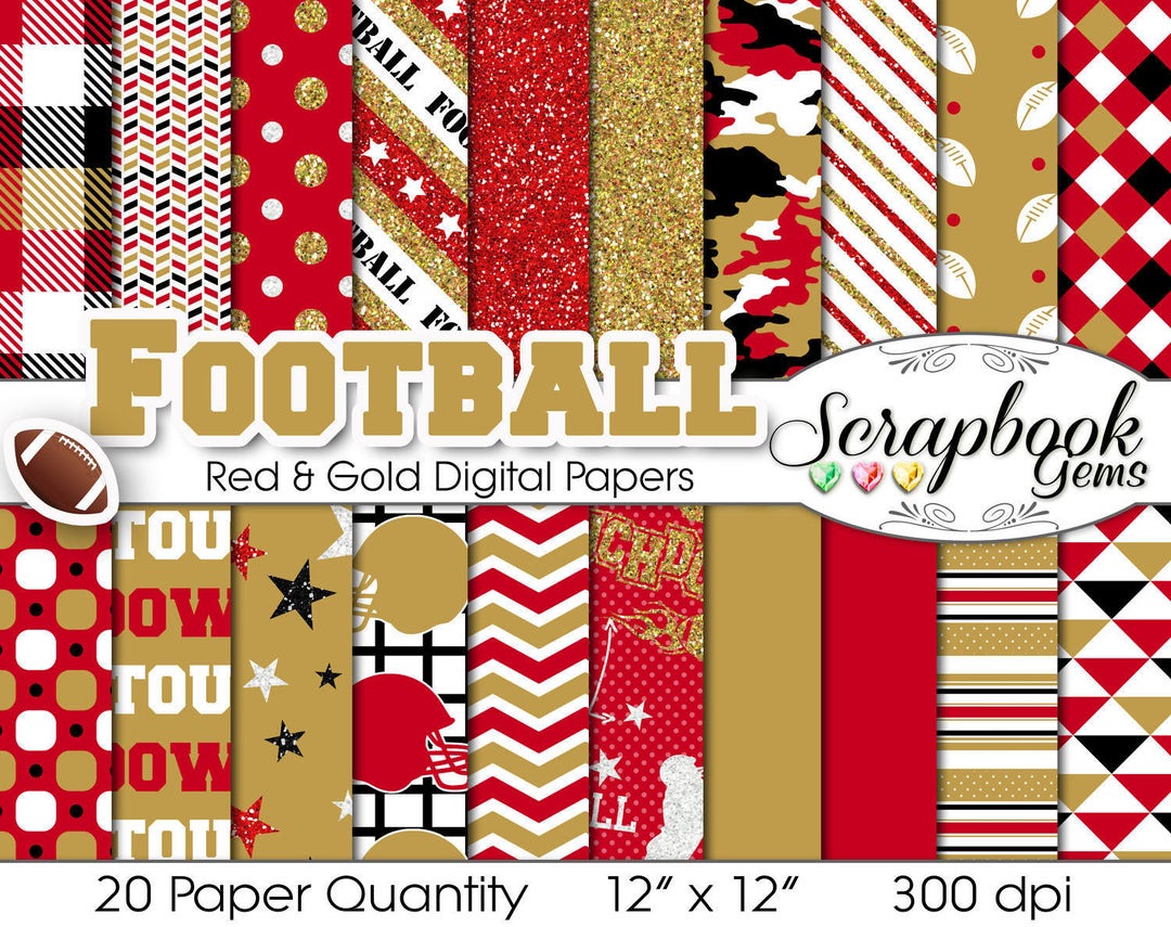 Football Digital Papers Red & Gold, 20 Pieces, 12" X 12", High Quality ...