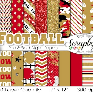 Football Digital Papers Red & Gold, 20 Pieces, 12" X 12", High Quality ...