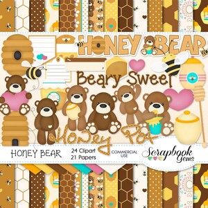 HONEY BEAR Clipart & Papers Kit, 24 Png Clip Arts, 21 Jpeg Papers ...