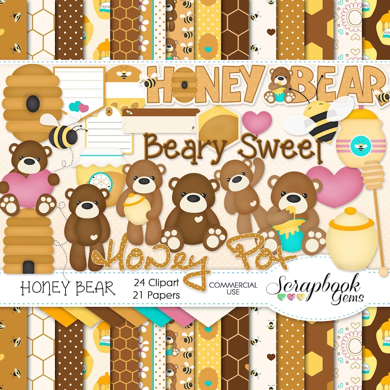 HONEY BEAR Clipart & Papers Kit, 24 Png Clip Arts, 21 Jpeg Papers ...