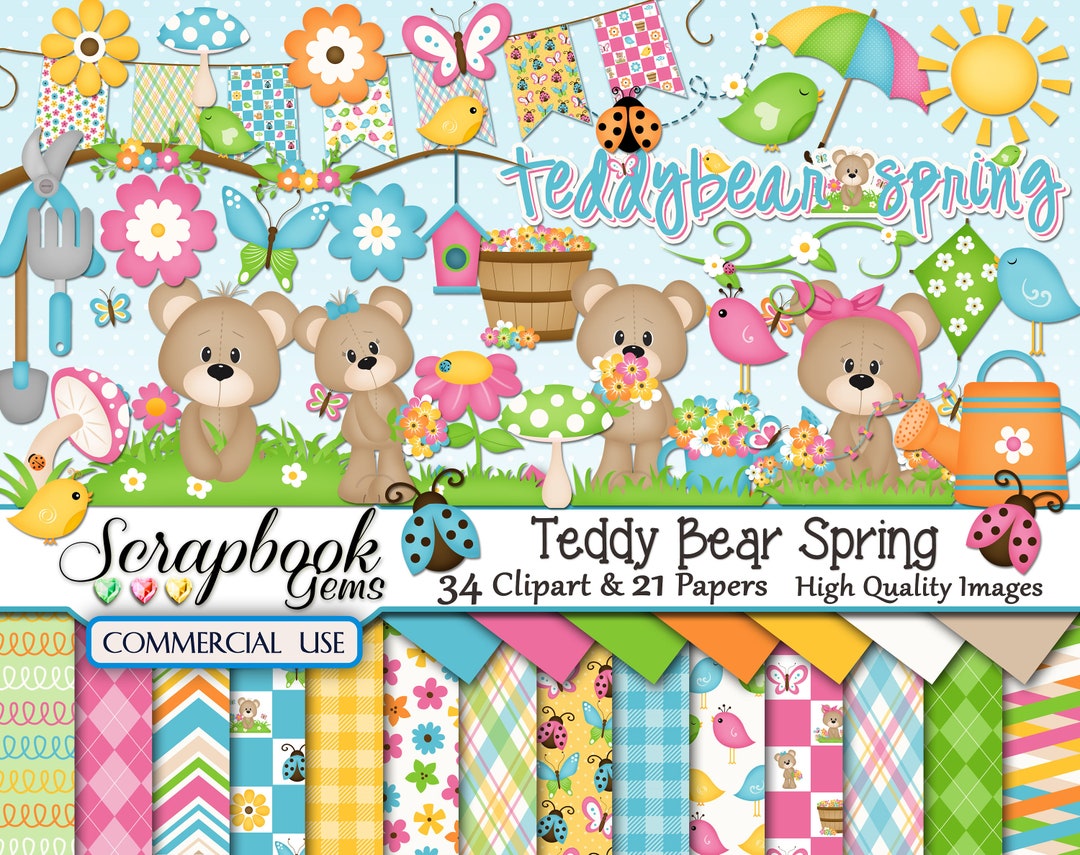 TEDDY BEAR SPRING Clipart & Papers Kit, 34 Png Clipart Files, 21 Jpeg ...