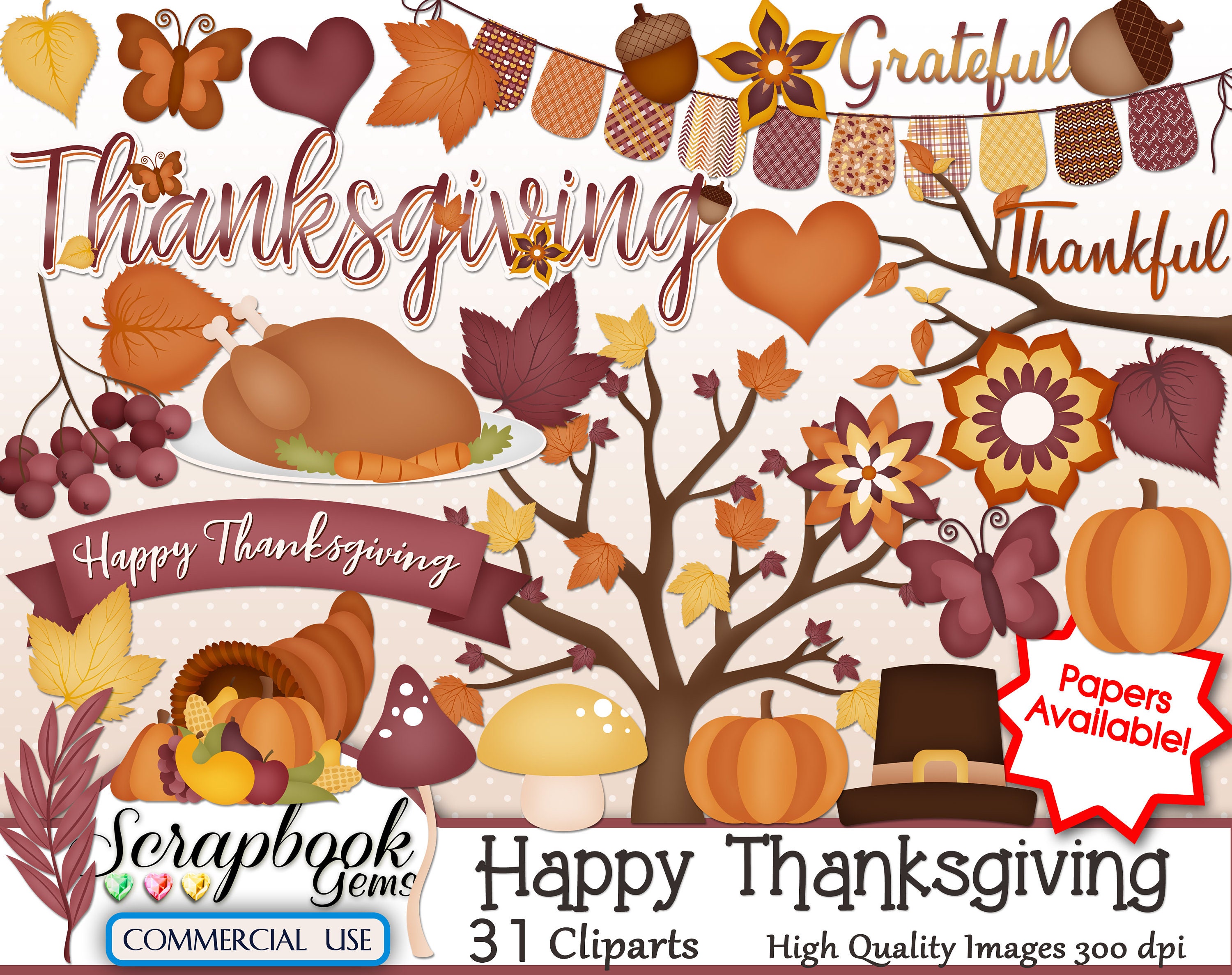 HAPPY THANKSGIVING Clipart & Papers Kit 31 Png Clipart Files - Etsy