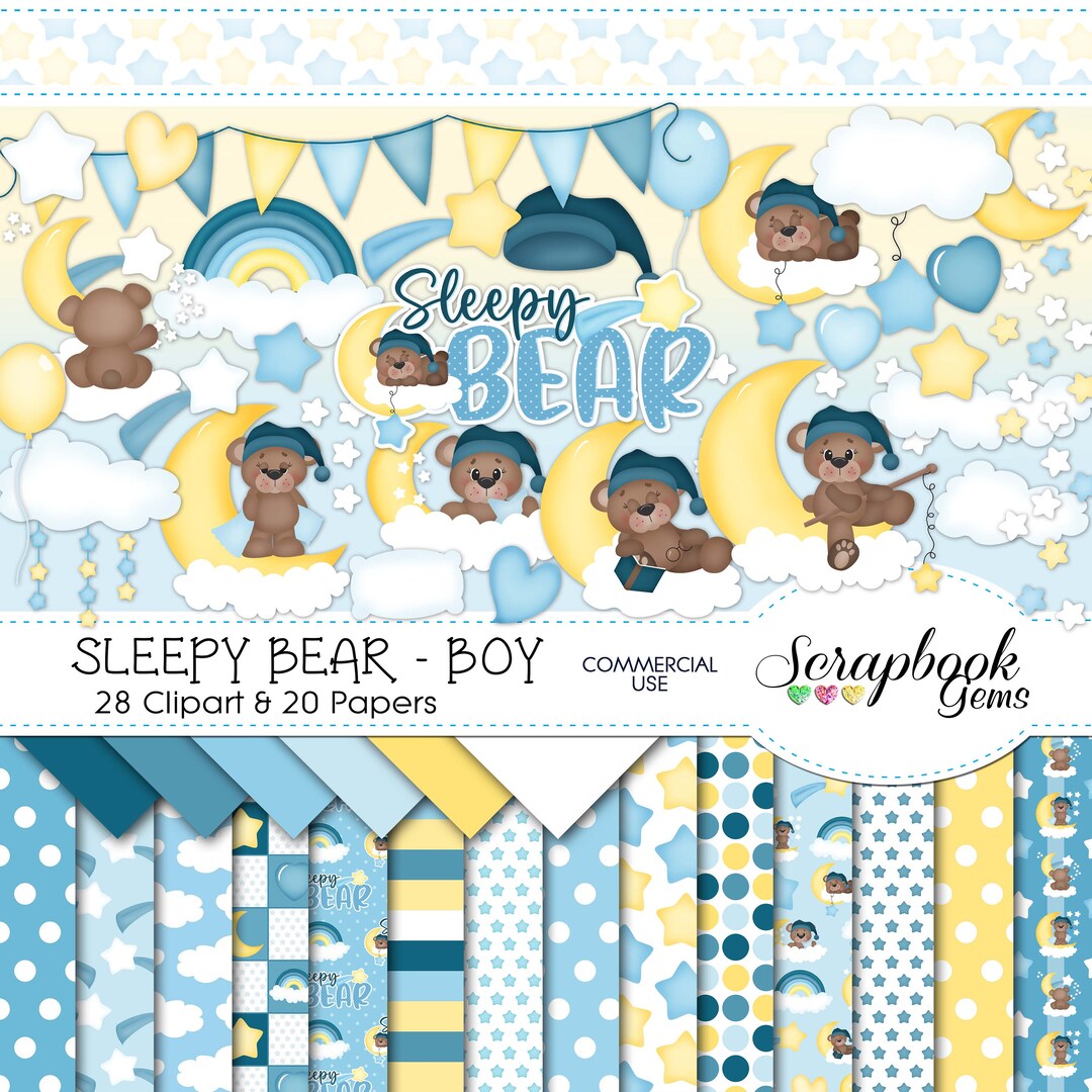SLEEPY BEAR BOY Clipart & Papers Kit, 28 Png Clipart Files, 20 Jpeg ...